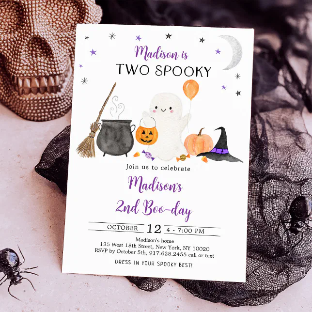 Two Spooky Ghost Pumpkin Halloween 2nd Birthday Invitation | Zazzle