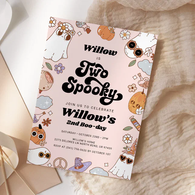 Two Spooky Groovy Halloween 2nd Birthday Invitation | Zazzle