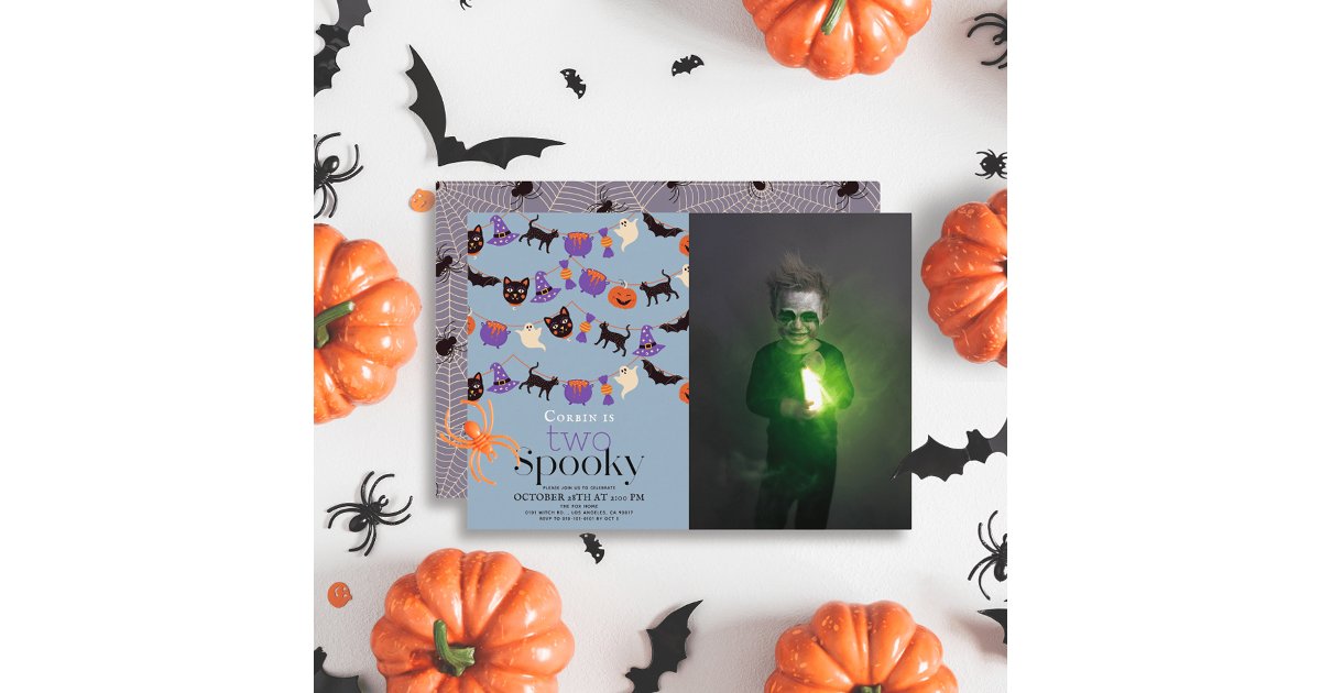 Two Spooky Halloween Blue 2nd Birthday Photo Invitation | Zazzle
