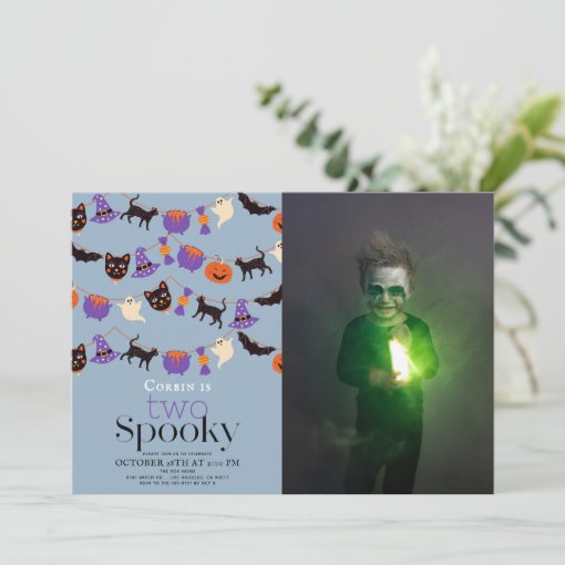 Two Spooky Halloween Blue 2nd Birthday Photo Invitation | Zazzle