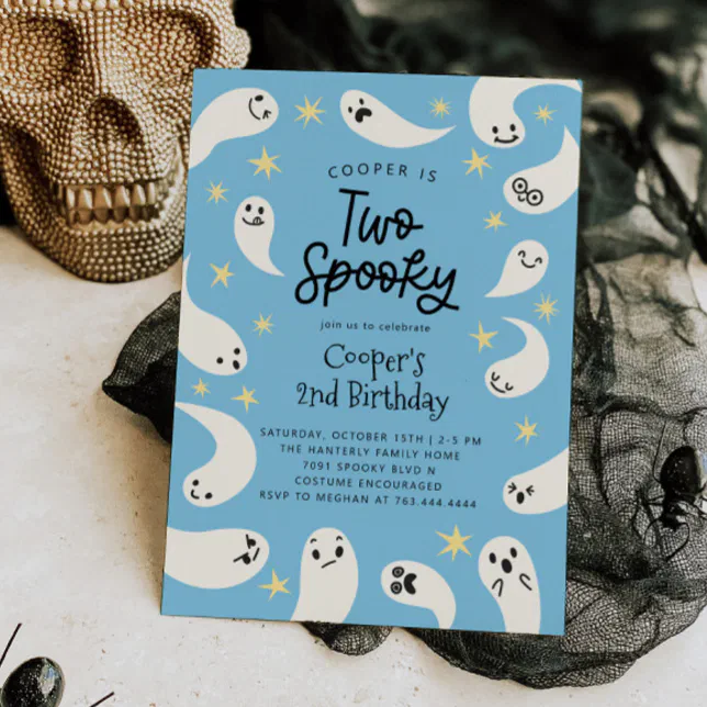Two Spooky Halloween Blue Ghost Birthday Invitation | Zazzle