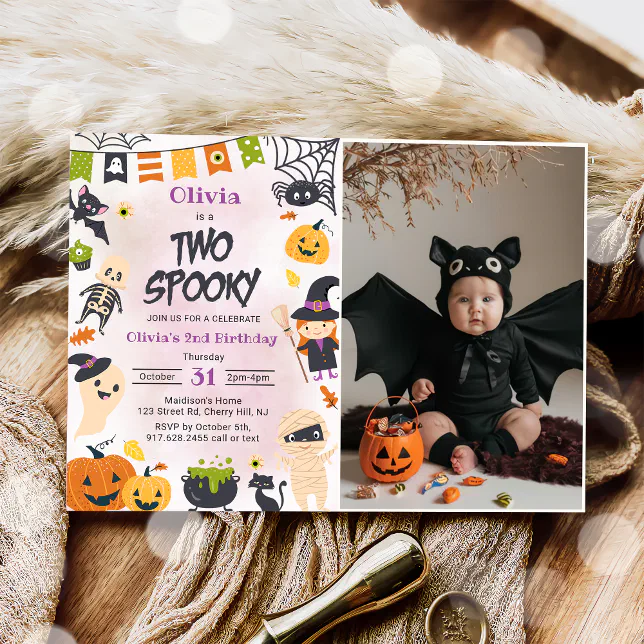 Two Spooky Halloween Cute Ghost Birthday Party Invitation | Zazzle