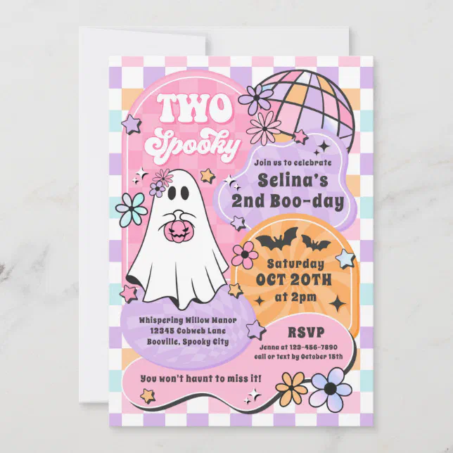 Two Spooky Halloween Groovy Ghost 2nd Birthday Invitation | Zazzle