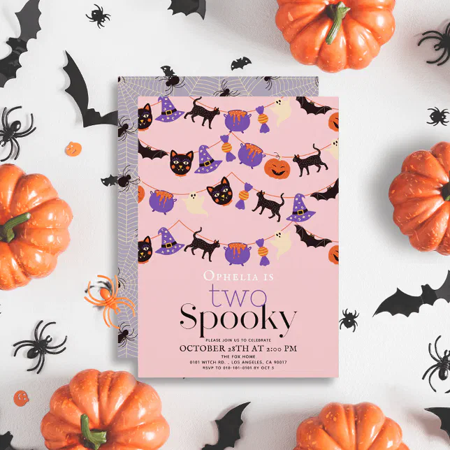 Two Spooky Halloween Pink 2nd Birthday Invitation | Zazzle