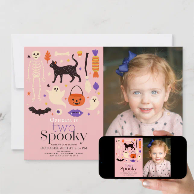 Two Spooky Halloween Pink 2nd Birthday Photo Invitation | Zazzle