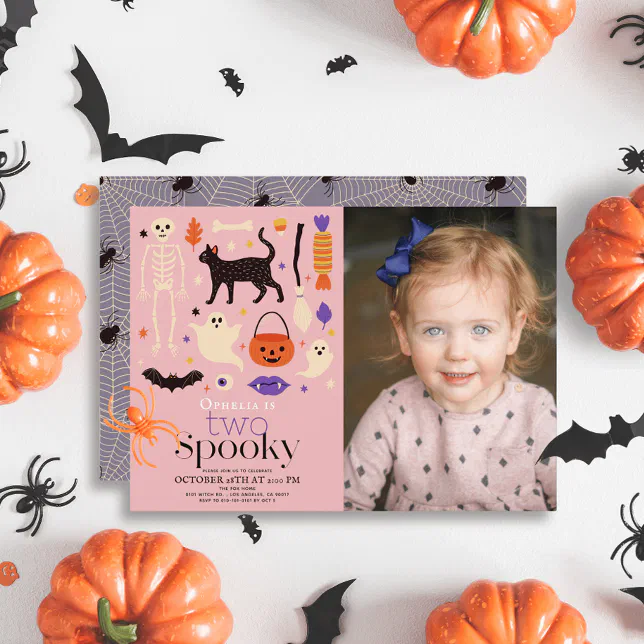 Two Spooky Halloween Pink 2nd Birthday Photo Invitation | Zazzle
