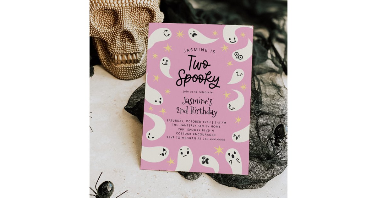 Two Spooky Halloween Pink Ghost Birthday Invitation | Zazzle