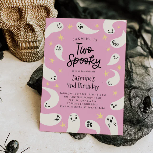 Two Spooky Halloween Pink Ghost Birthday Invitation | Zazzle