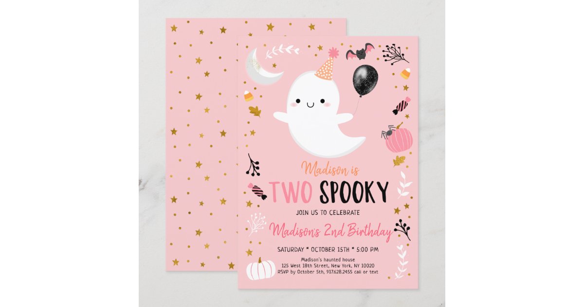 Two Spooky Pink Ghost Halloween Birthday Invitation | Zazzle