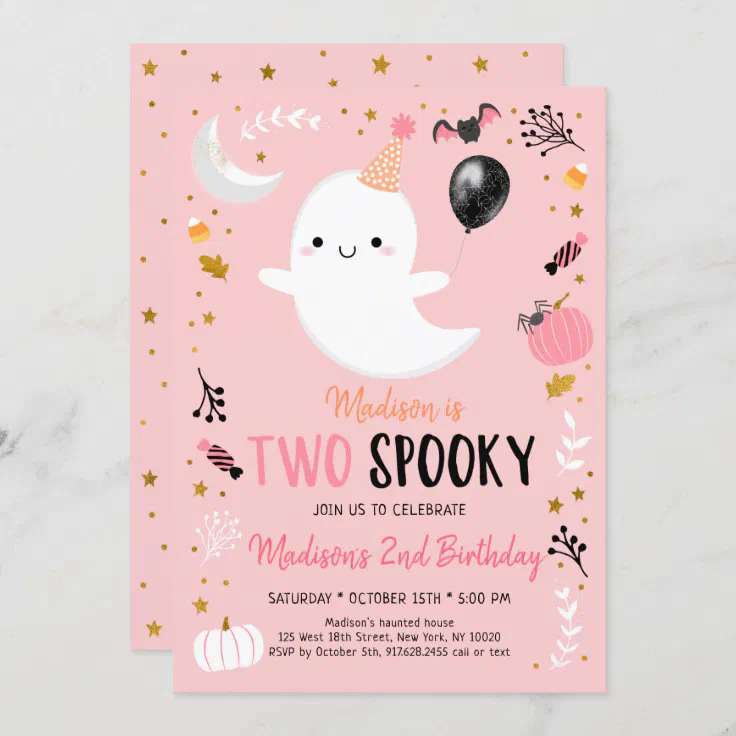 Two Spooky Pink Ghost Halloween Birthday Invitation | Zazzle
