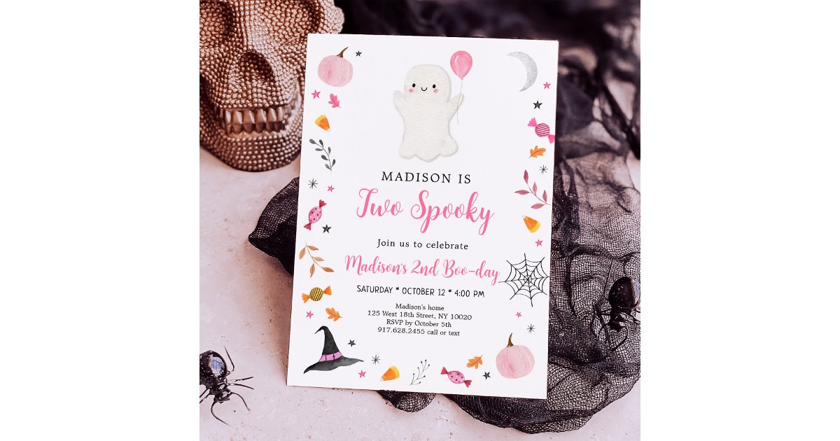 Two Spooky Pink Ghost Halloween Birthday Invitation | Zazzle