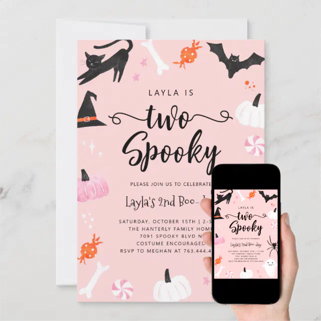 TWO spooky Pink Halloween Birthday Party Invitation | Zazzle