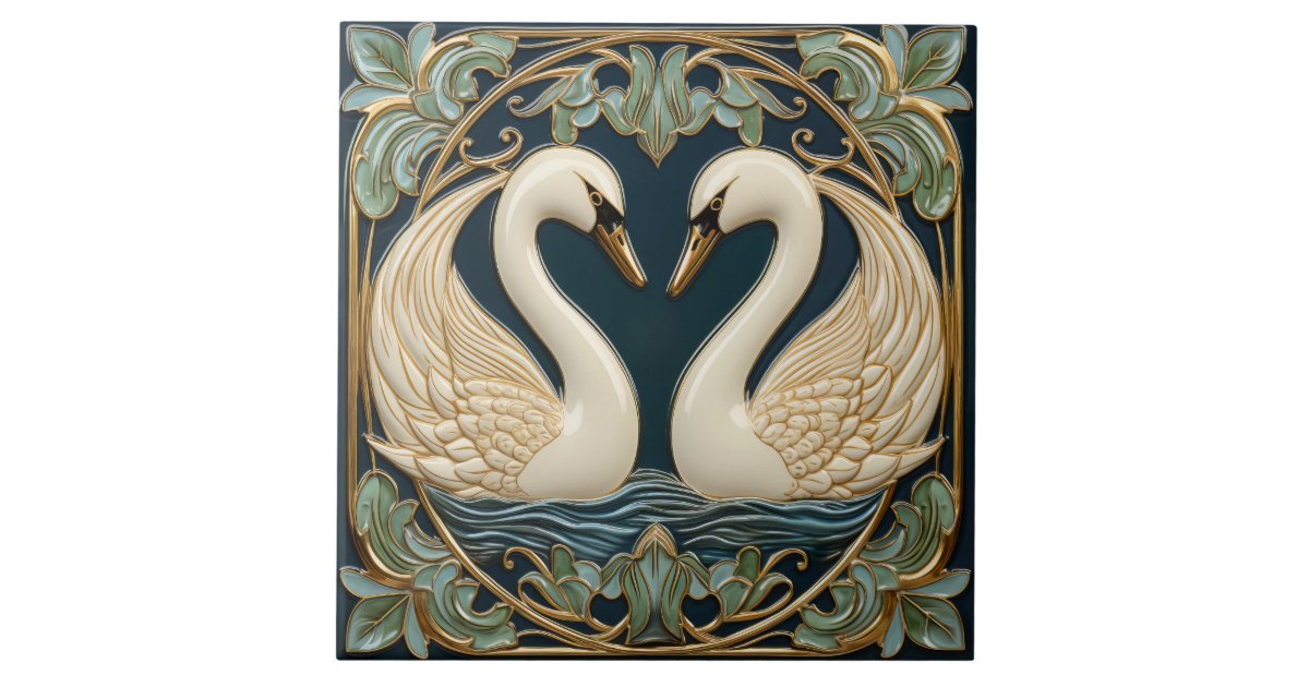 Two Swans On Lake Art Nouveau Inspired Home Decor Ceramic Tile | Zazzle