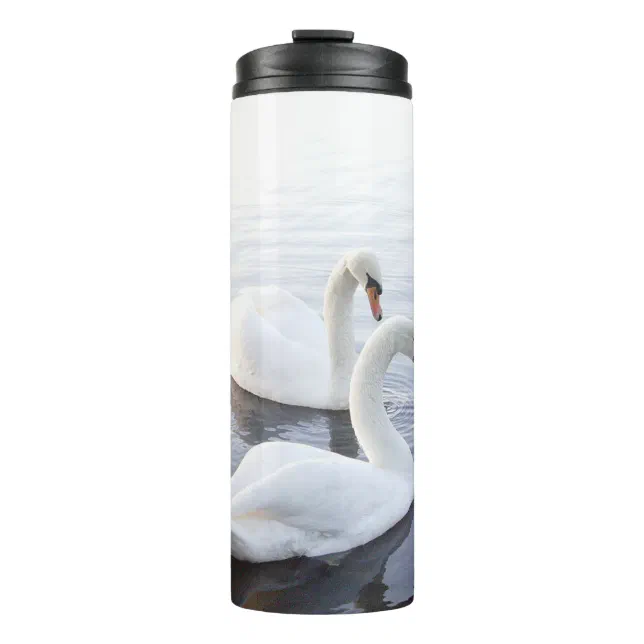 Two Swans Swimming on Tranquil Lake Thermal Tumbler | Zazzle