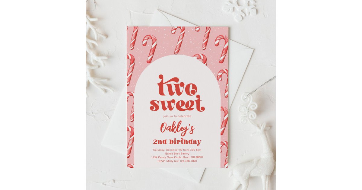 Two Sweet Candy Cane Birthday Invitation | Zazzle