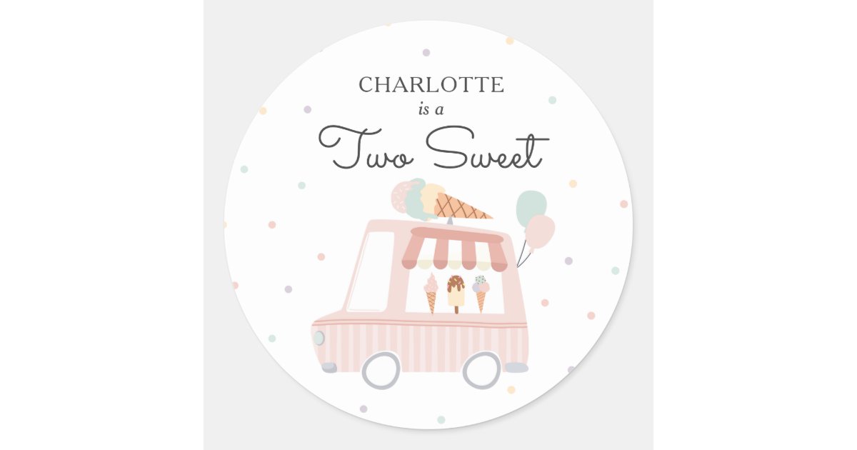 Two Sweet Ice Cream 2nd Birthday Party Favors Classic Round Sticker ...