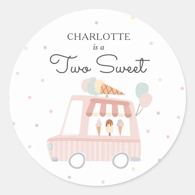 Two Sweet Ice Cream 2nd Birthday Party Favors Classic Round Sticker ...