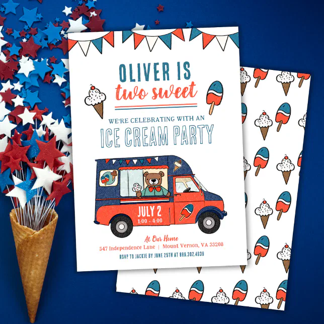 Two Sweet Ice Cream Party 2nd Birthday Invitation | Zazzle