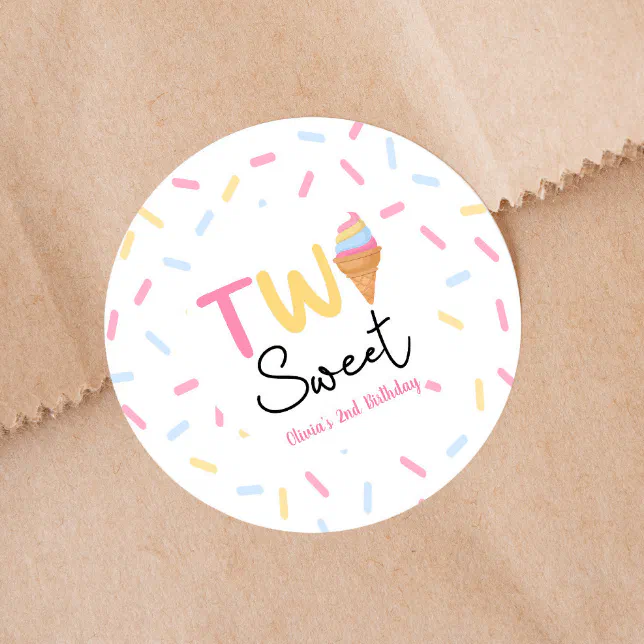 Two Sweet Ice Cream Second 2nd Birthday Party Classic Round Sticker ...
