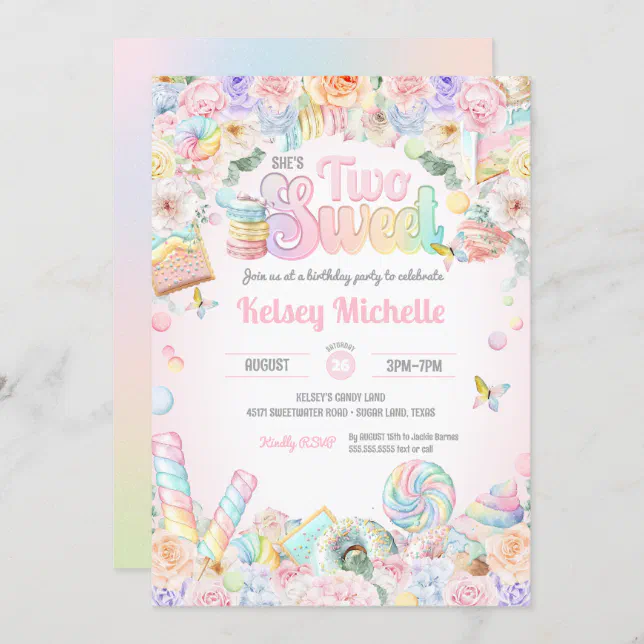 Two Sweet Pastel Candy Shope Second Birthday Kid Invitation | Zazzle
