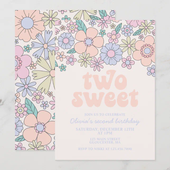Two Sweet Retro Floral 2nd birthday Invitation | Zazzle