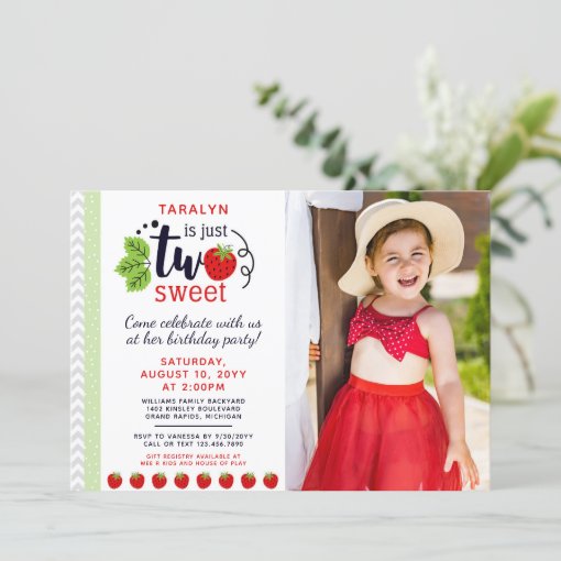 TWO Sweet Strawberry 2nd Second Birthday Party Invitation | Zazzle