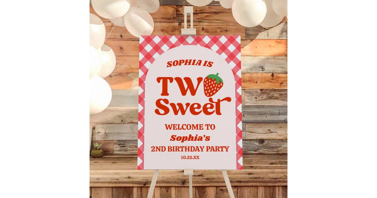 Two Sweet Strawberry Birthday Party Welcome Sign | Zazzle