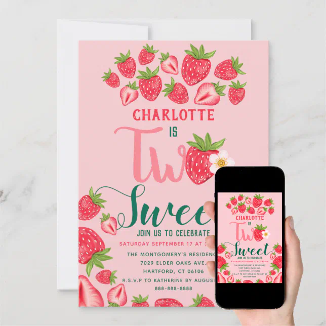 Two Sweet Strawberry Turning Two Birthday Party Invitation | Zazzle