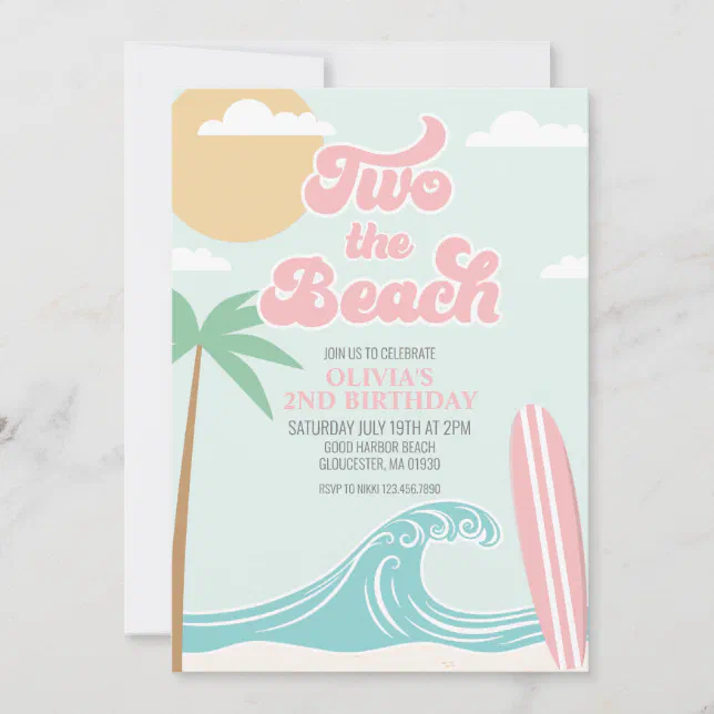 Two the Beach PINK Surf Beach 2nd Birthday Invitation | Zazzle