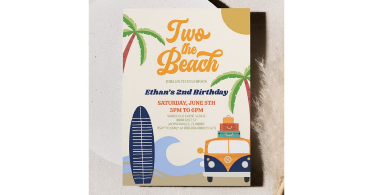 Two The Beach Surf Blue Retro 2nd Birthday Party Invitation | Zazzle