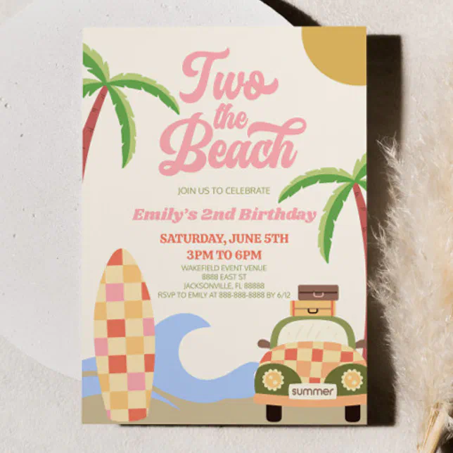 Two The Beach Surf Pink Retro 2nd Birthday Party Invitation | Zazzle