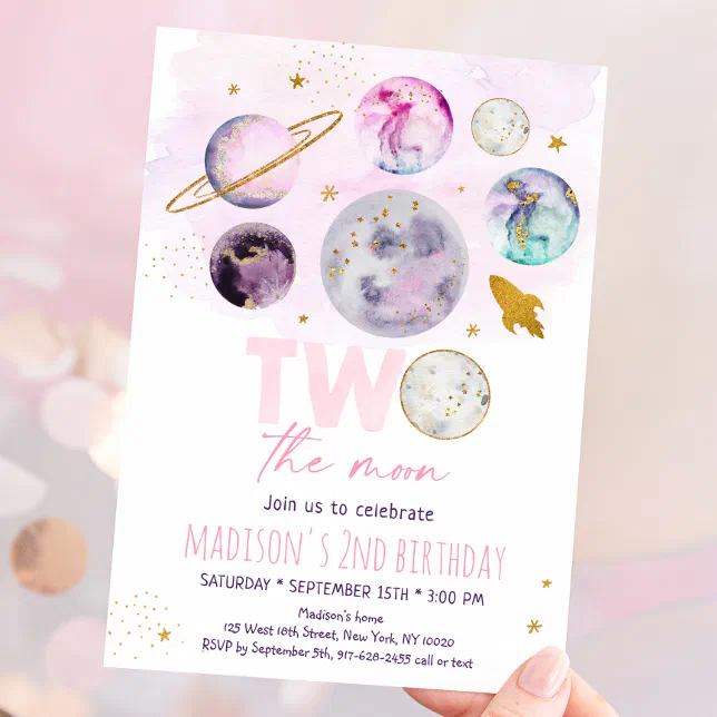 Two The Moon Pink Gold Outer Space Birthday Invitation Zazzle
