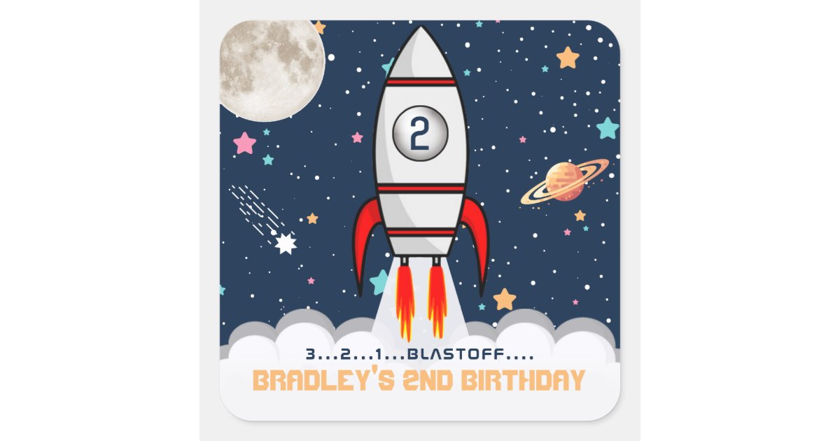 Two the Moon Rocket Ship 2nd Birthday Square Sticker | Zazzle