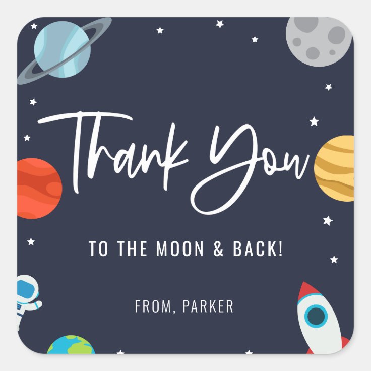 Two The Moon Space Theme Birthday Party Thank You Square Sticker | Zazzle