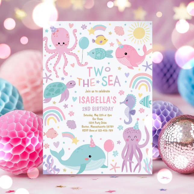 Two The Sea Cute Sea Creatures 2nd Birthday Party Invitation | Zazzle