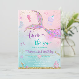Two the Sea Mermaid Pink Purple 2nd Birthday Invitation | Zazzle