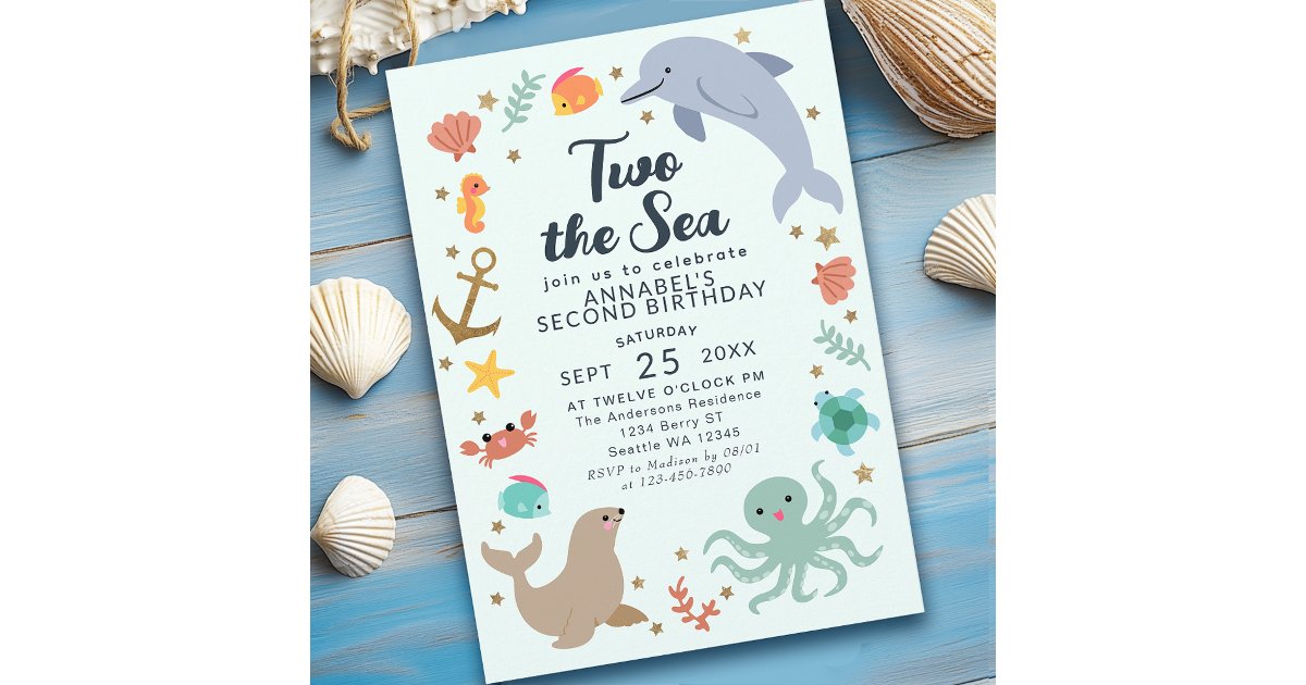 Two the Sea Ocean Animals Kids Second Birthday Invitation | Zazzle