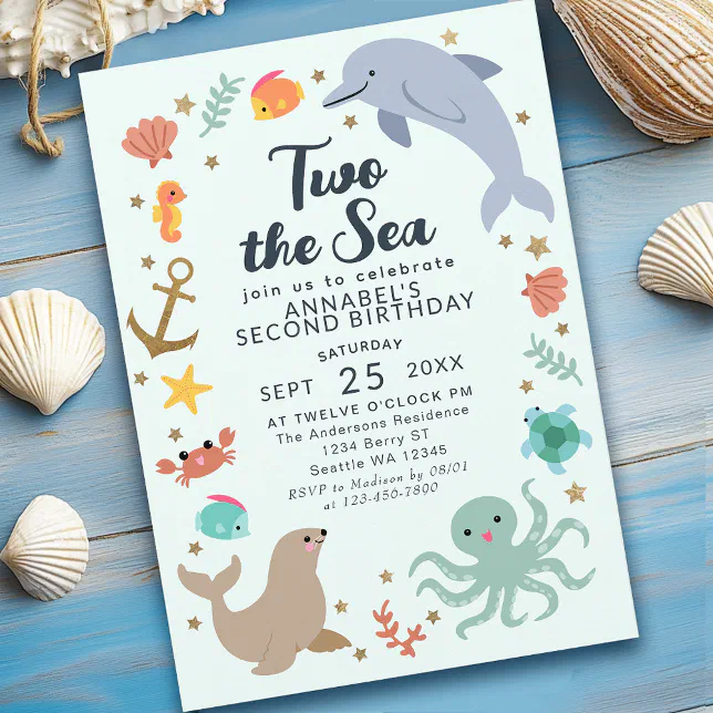 Two the Sea Ocean Animals Kids Second Birthday Invitation | Zazzle