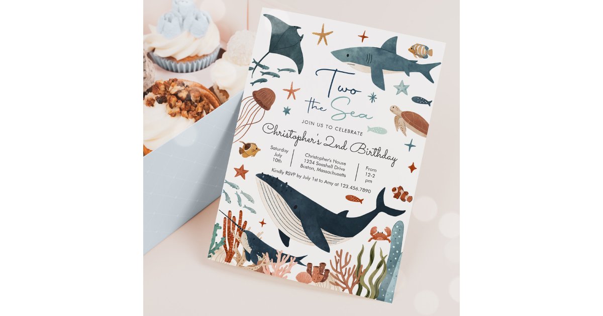 Two the Sea Whale Shark Turtle 2nd Birthday Party Invitation | Zazzle