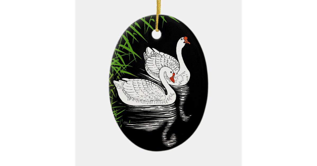 Two White Swans on a Pool - Vintage Japanese Ceramic Ornament | Zazzle