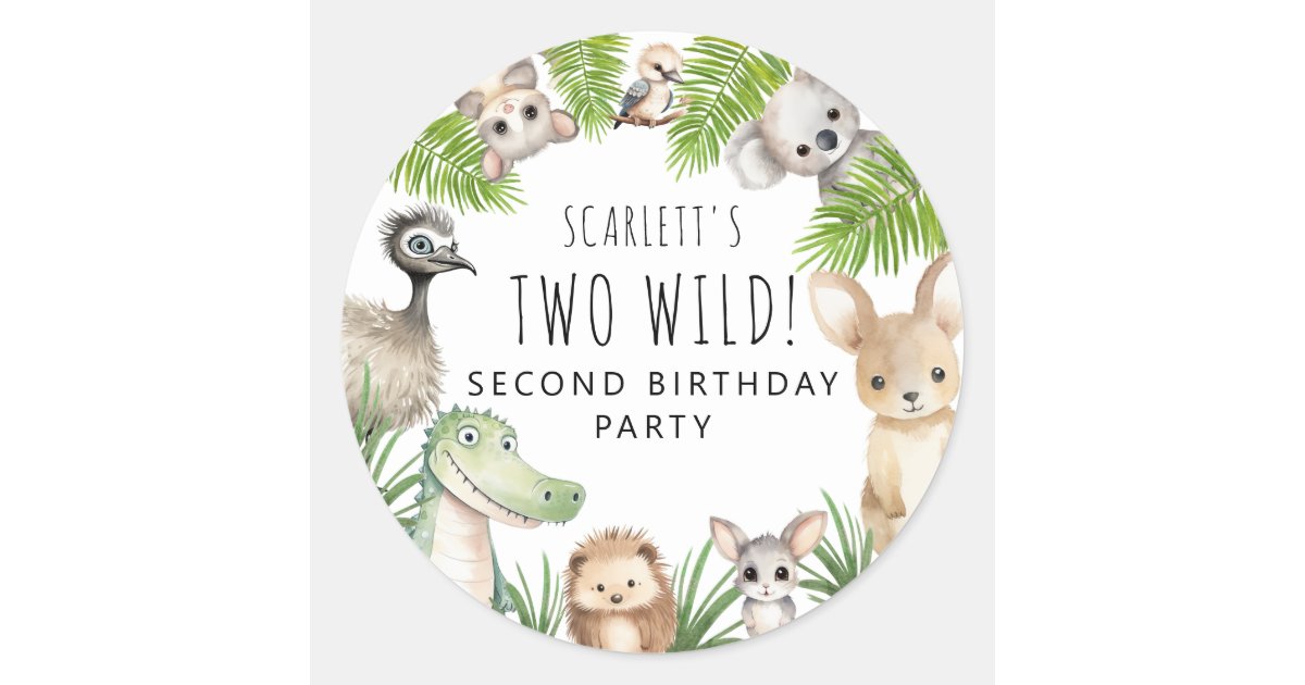 Two Wild! Aussie Animal Birthday Party Classic Round Sticker | Zazzle
