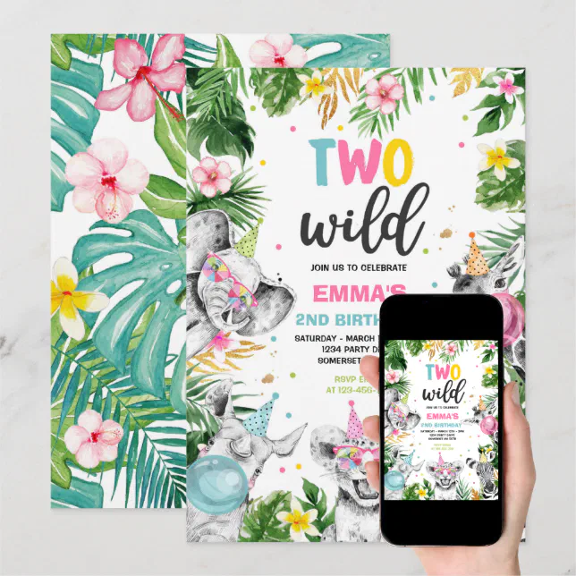 Two Wild Birthday Gold Safari Jungle Animals Party Invitation | Zazzle