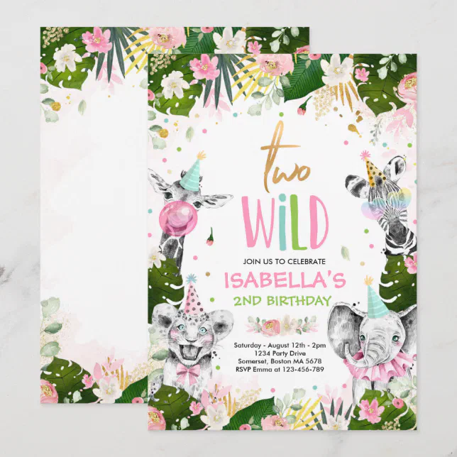Two Wild Birthday Gold Safari Jungle Animals Party Invitation | Zazzle