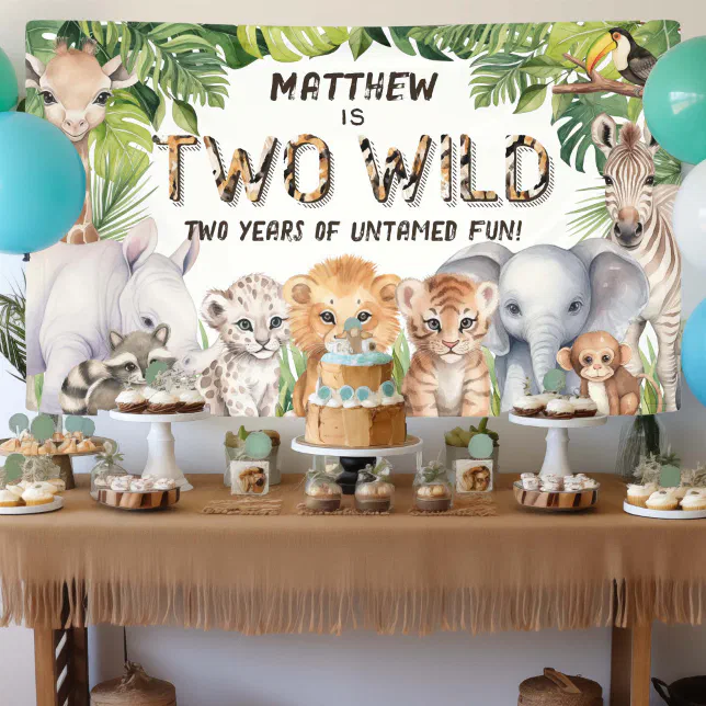 Two wild Jungle Animals 2nd birthday backdrop Banner | Zazzle