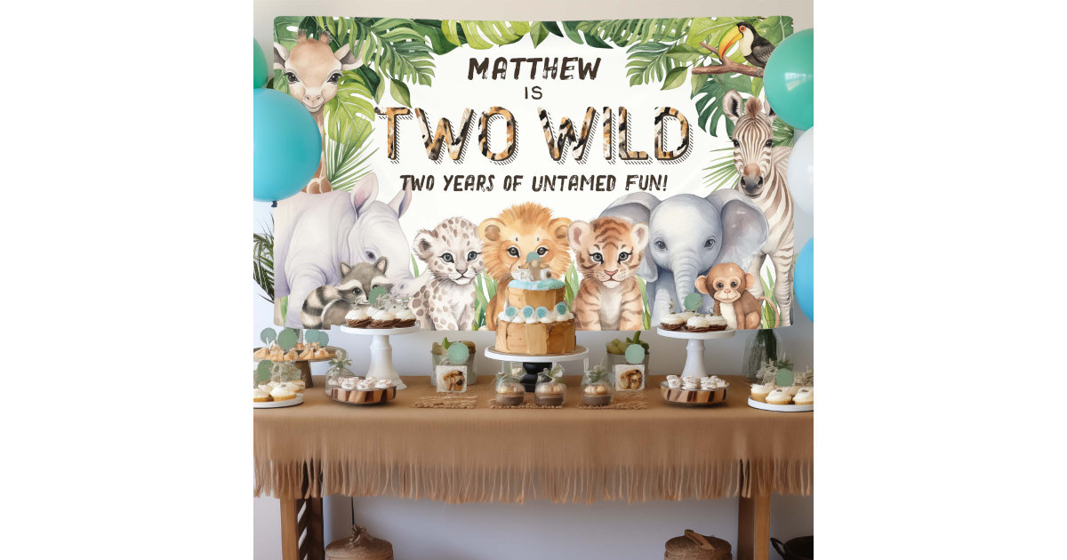 Two wild Jungle Animals 2nd birthday backdrop Banner | Zazzle