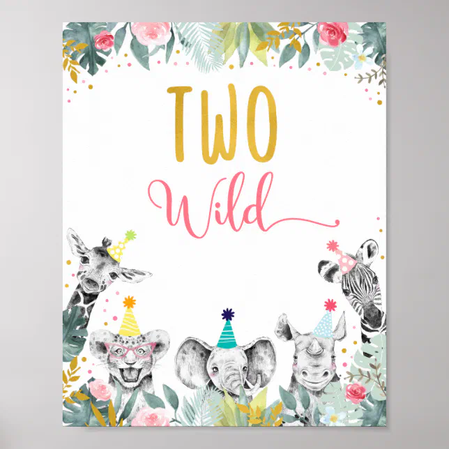 Two Wild Pink Gold Party Animal Birthday Sign | Zazzle