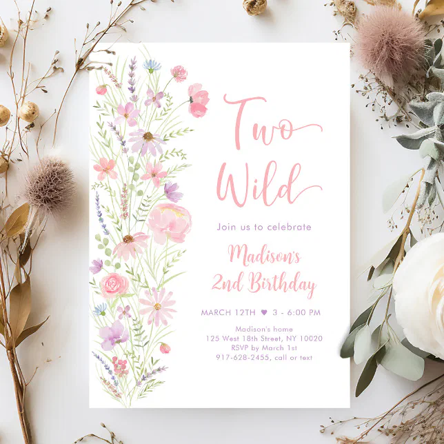 Two Wild Pink Wildflower Birthday Invitation | Zazzle