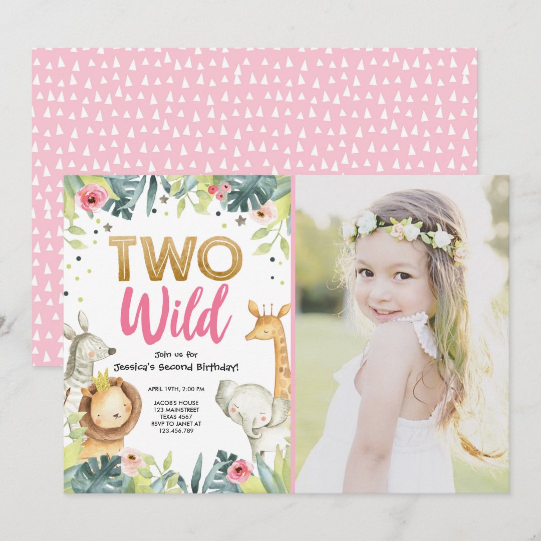 Two Wild Safari Gold Girl Animals Birthday Party Invitation | Zazzle