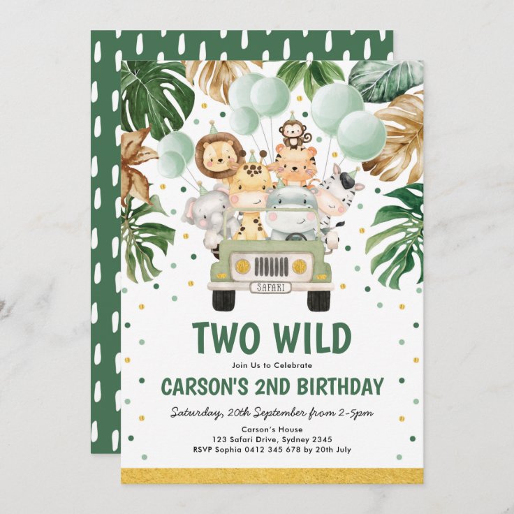 TWO WILD Safari Jungle Animals 2nd Birthday Invitation | Zazzle