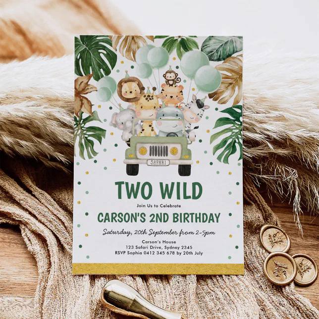 TWO WILD Safari Jungle Animals 2nd Birthday Invitation | Zazzle